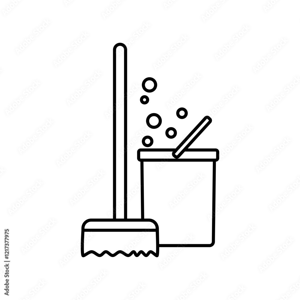 Cleaning tools icon, mop and bucket, simple flat style, pictogram logo ...