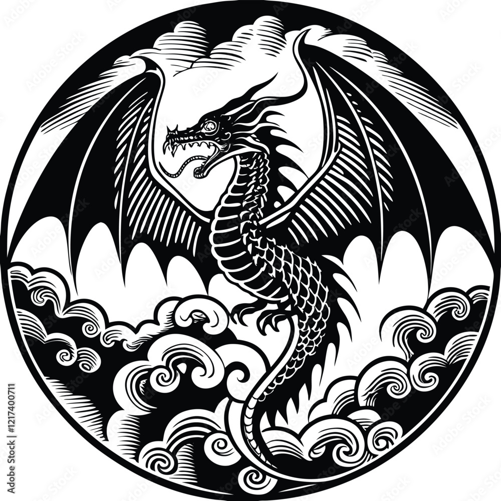 Majestic Dragon in Flight A highly detailed line art of a majestic ...