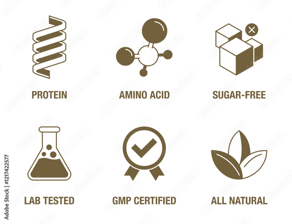 General features icons for food dietary supplement labeling Stock ...