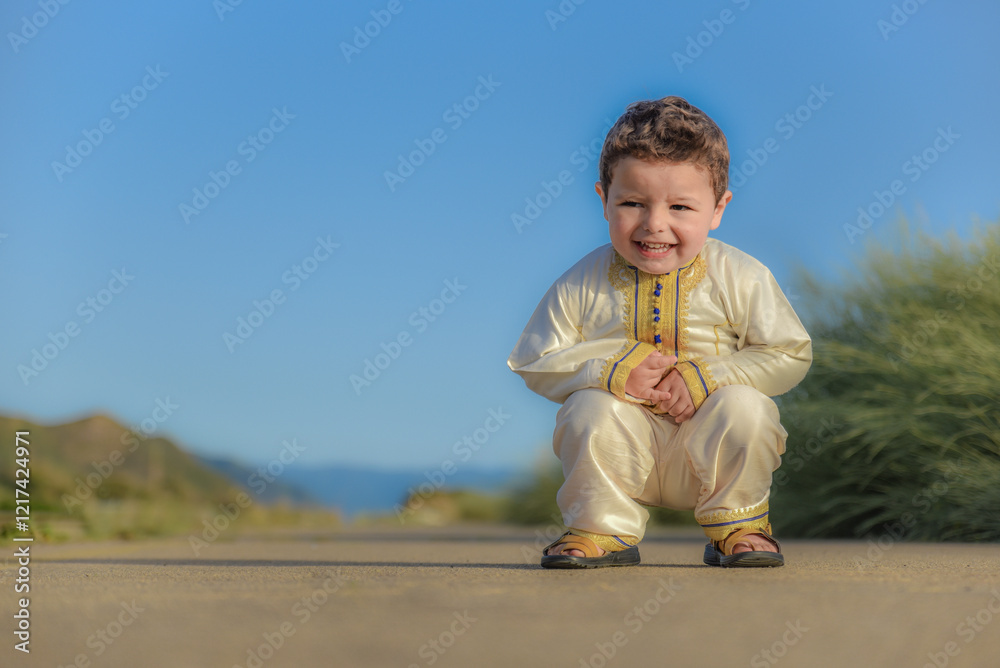 Foto de Stock Smiling Arab child boy, A portrait of an Arab boy playing ...