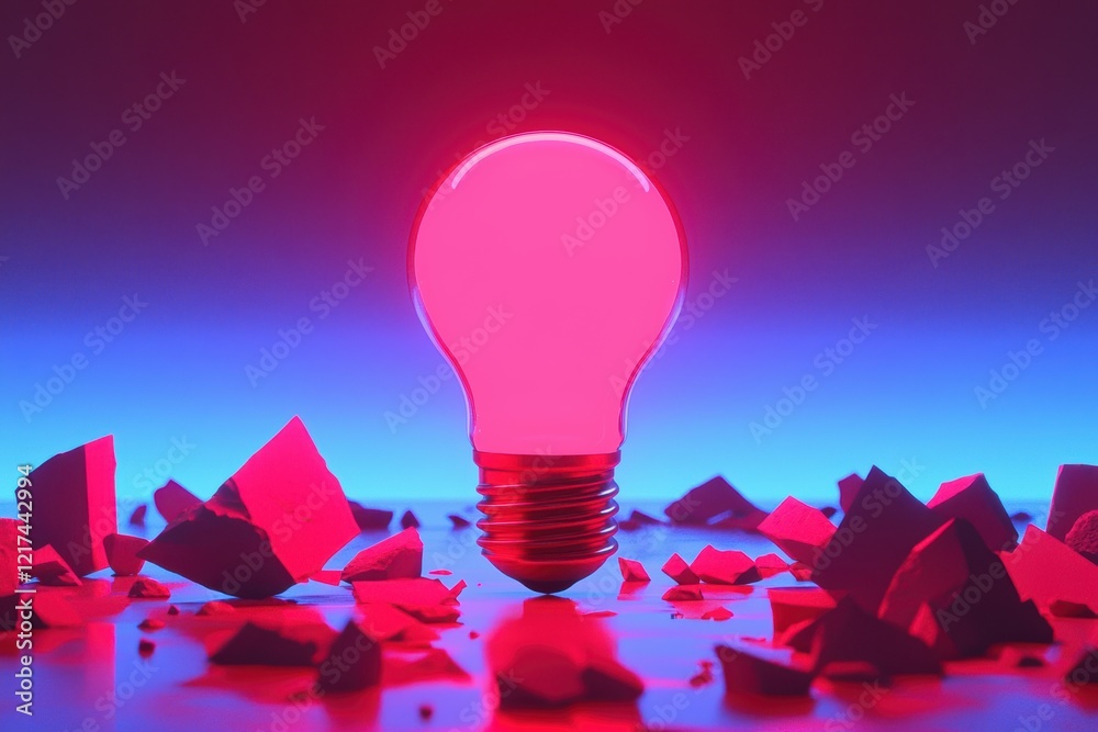 Broken glass fragments of a light bulb spreading outward, illuminated ...