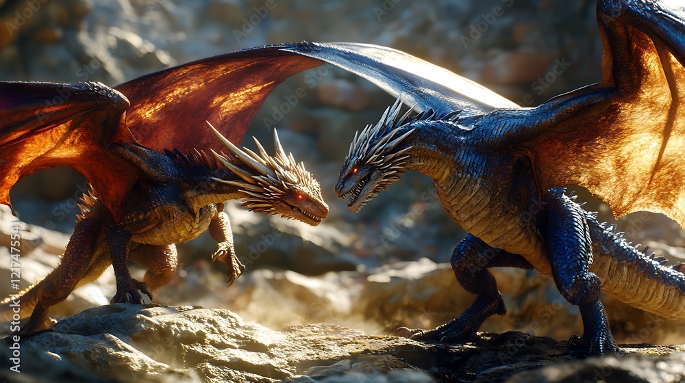 Epic scene of knights and dragons battling in a fire lit fantasy world ...