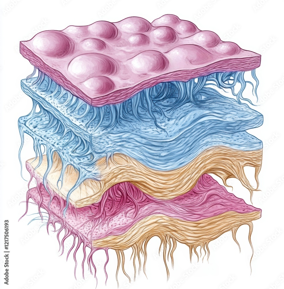 Illustrated cross-section of skin showing textured layers with focus on ...