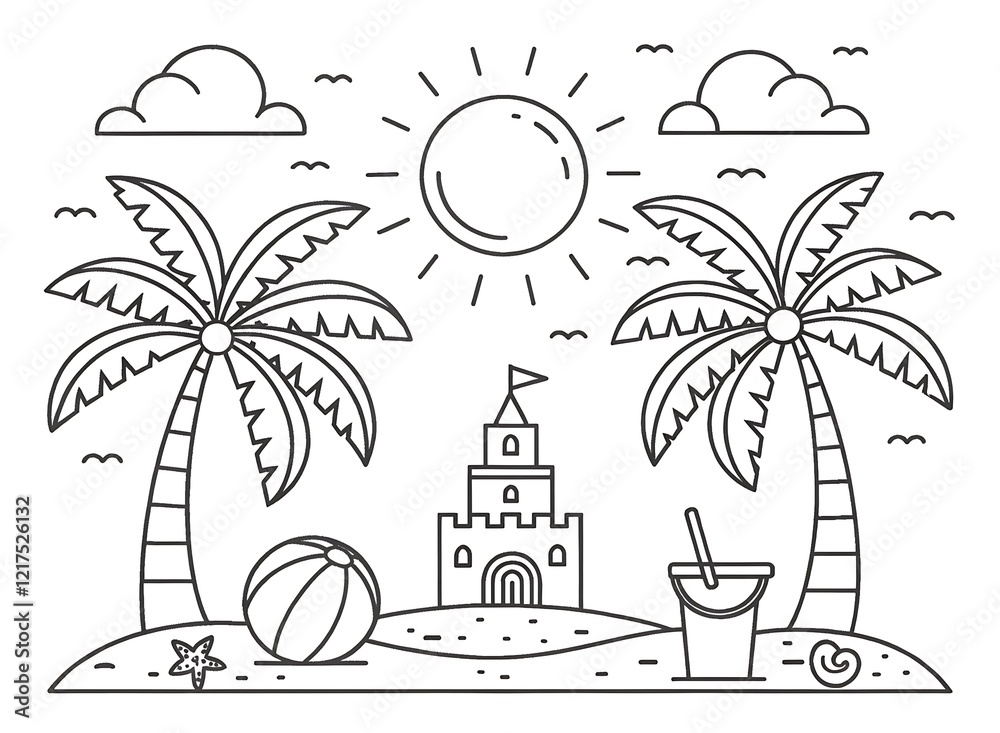 Tropical Beach Adventure Coloring Page for Kids – Sand, Sea, sunset ...