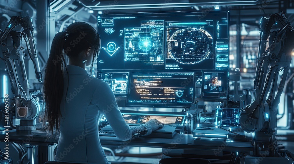 Woman coding futuristic interface, lab, robotics background, tech demo ...