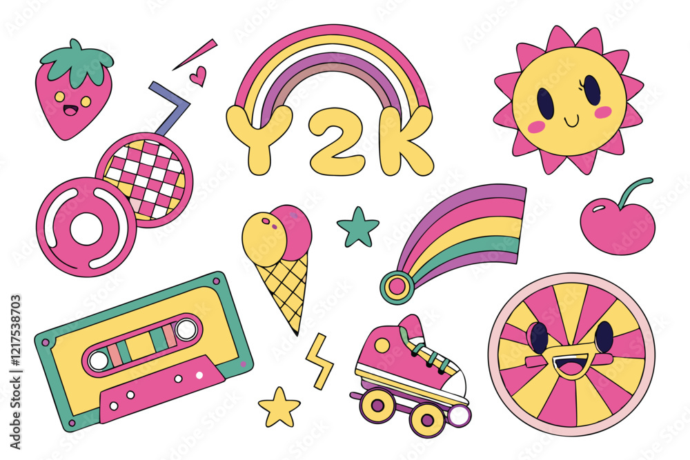 Colorful stickers, neon signs, retro emojis, pop art style, vibrant ...