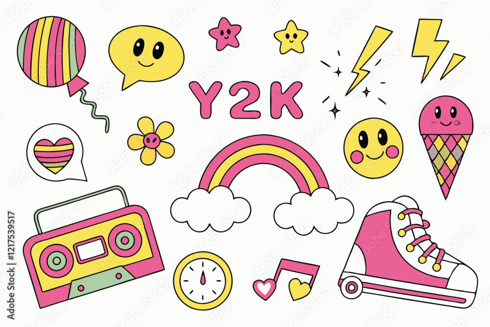 Colorful stickers, neon signs, retro emojis, pop art style, vibrant ...