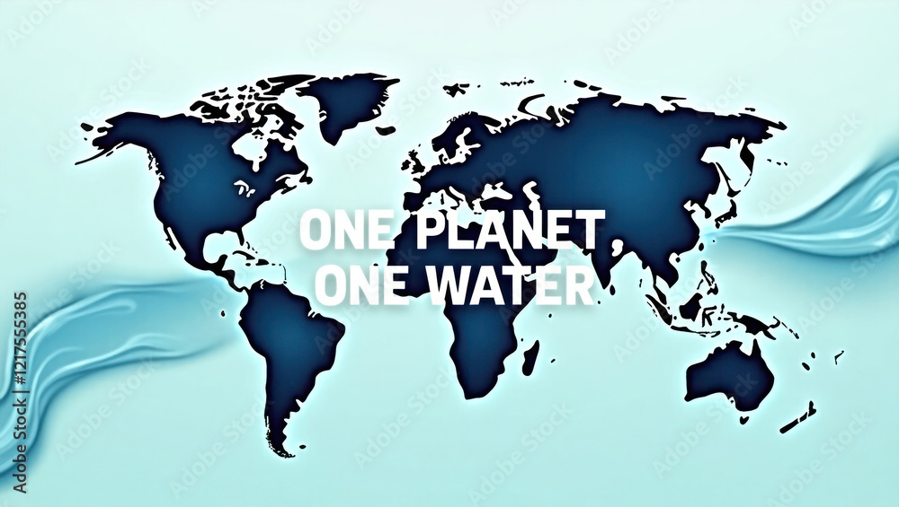 Stylized world map with the message "One Planet, One Water" in bold ...