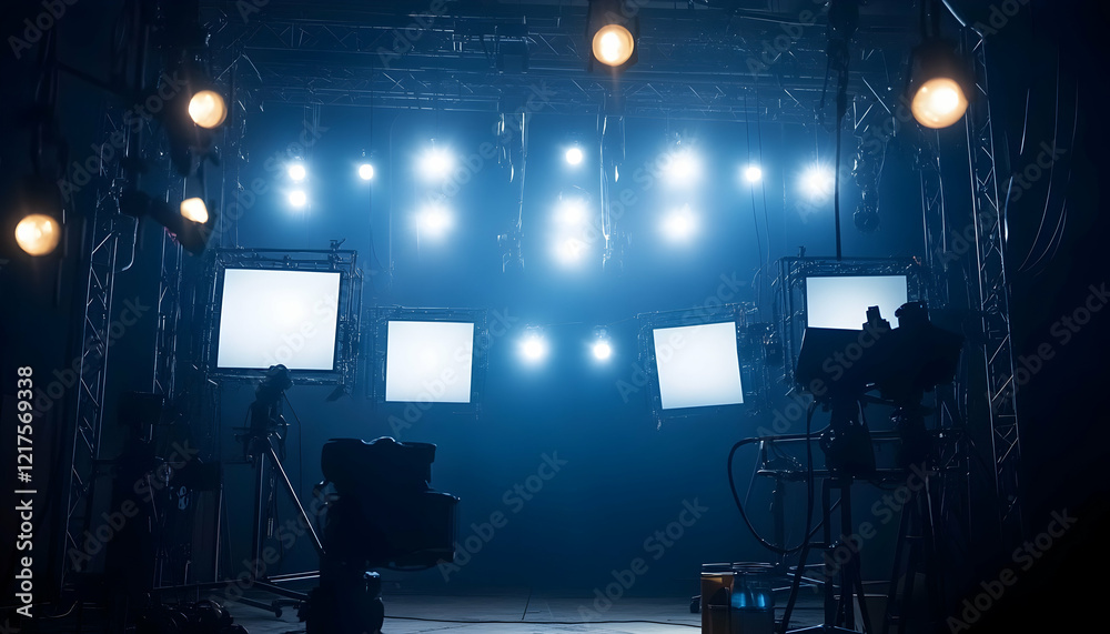 Live stage production setup with rigging equipment and lighting trusses ...