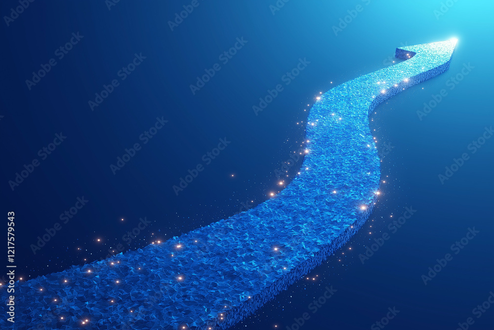 Blue background with an arrow pointing upwards, moving from left to ...