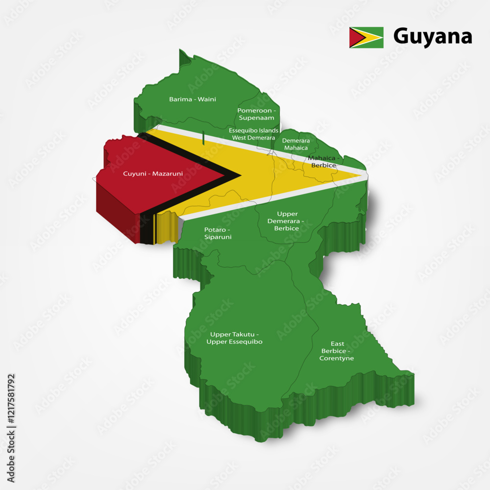 Vector de Stock Map of Guyana with flag. 3d map of Guyana Printable ...