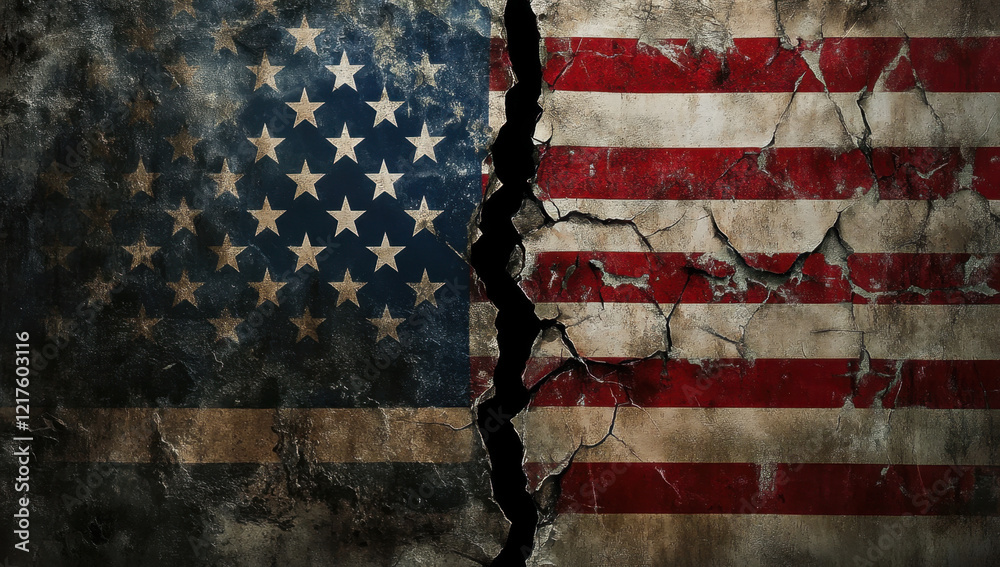 USA flag split in half, showing cracks and dust , divided, broken ...