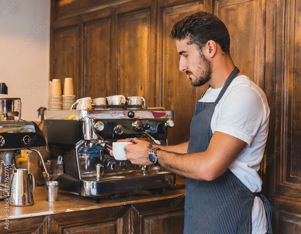 Un barista preparando una café en una maquina expresso, en una ...