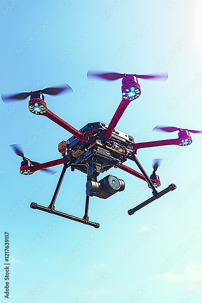 Hightech drone in flight against a clear blue sky. Dynamic image ...