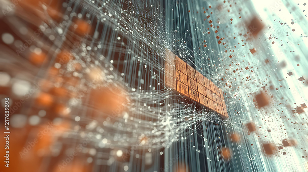 Abstract digital art depicting a network of interconnected data points and glowing cubes ...