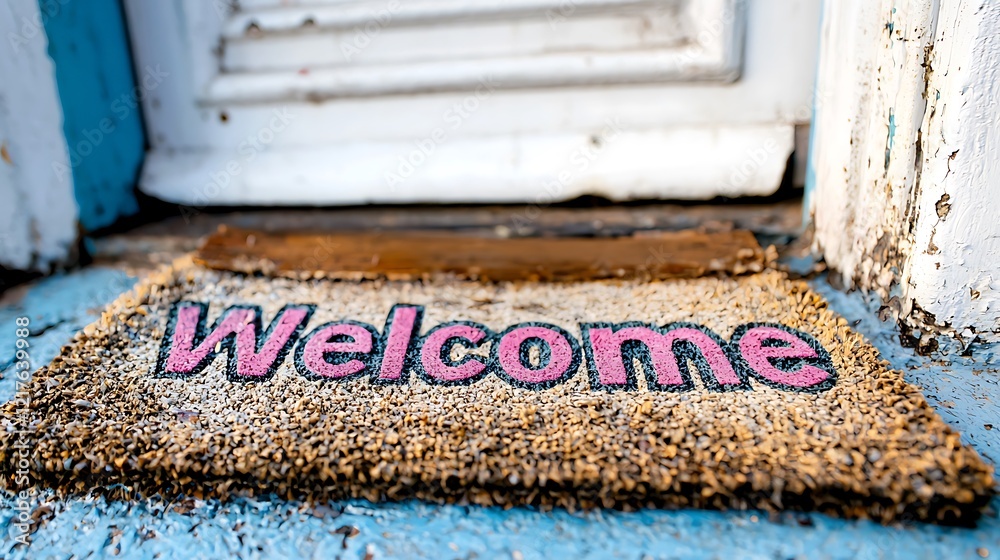 Welcome mat at doorstep of house, inviting guests inside Stock Photo ...