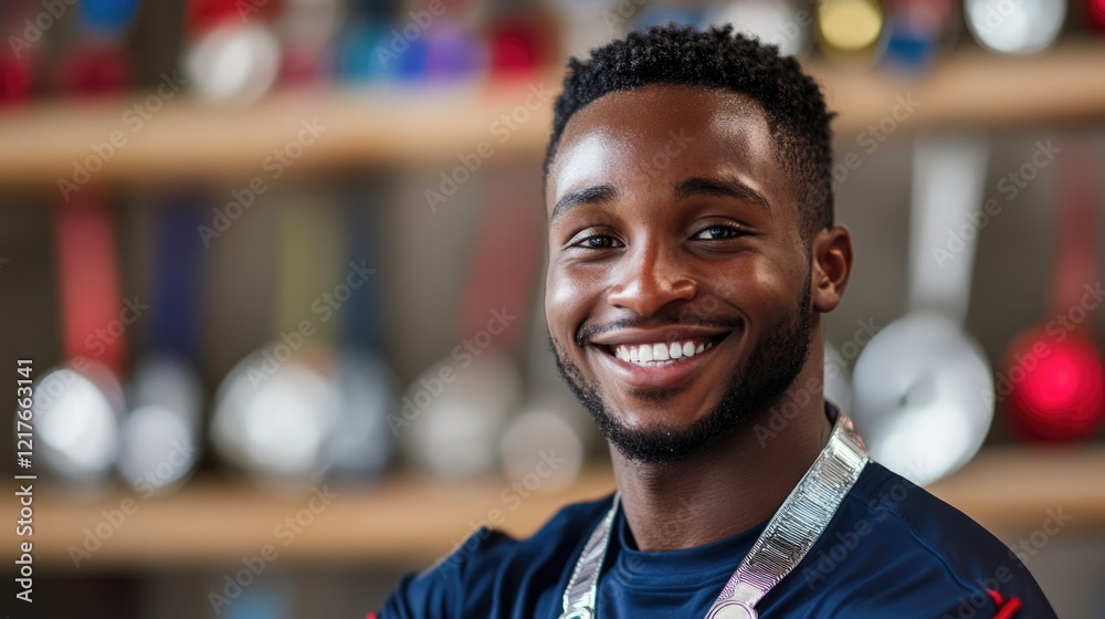 Smiling athlete proudly displaying silver medals with a blurred ...