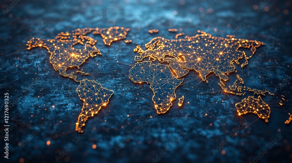 This image presents a brightly illuminated world map emphasizing a network design that showcases ...