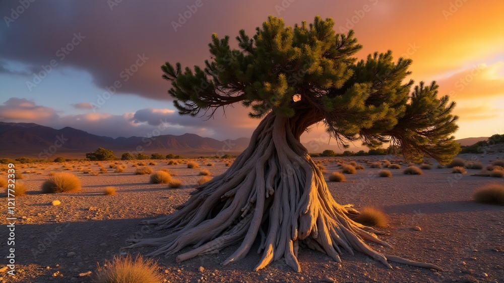 A bristlecone pine tree with a twisted trunk and sparse green needles ...