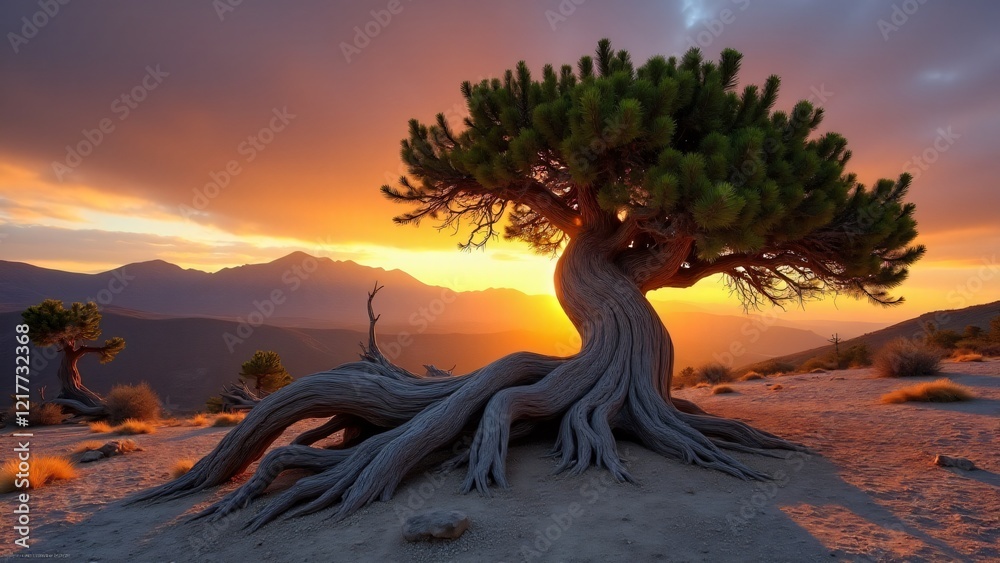 A bristlecone pine tree with a twisted trunk and sparse green needles ...