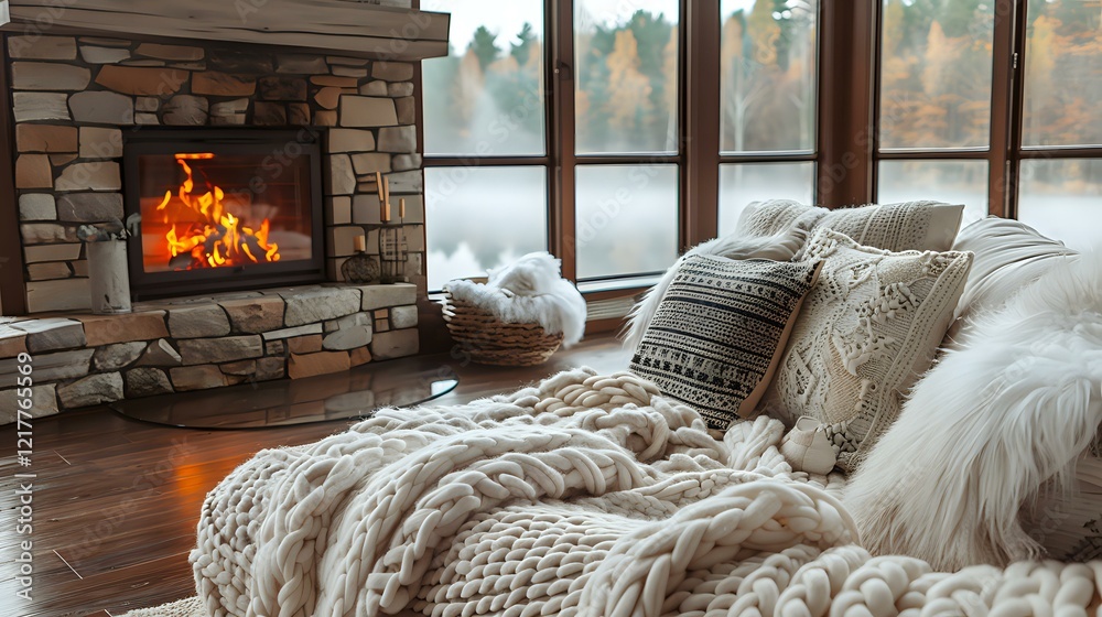 Cozy winter home interior with stone fireplace, chunky knit blanket and ...