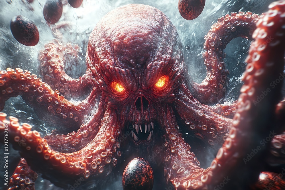 This is an illustration of a giant octopus monster from the ocean floor ...