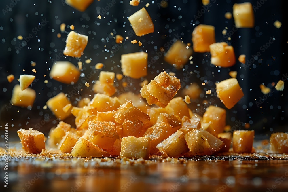 Flying cubes of salted caramel candy with sugar powder explosion ...