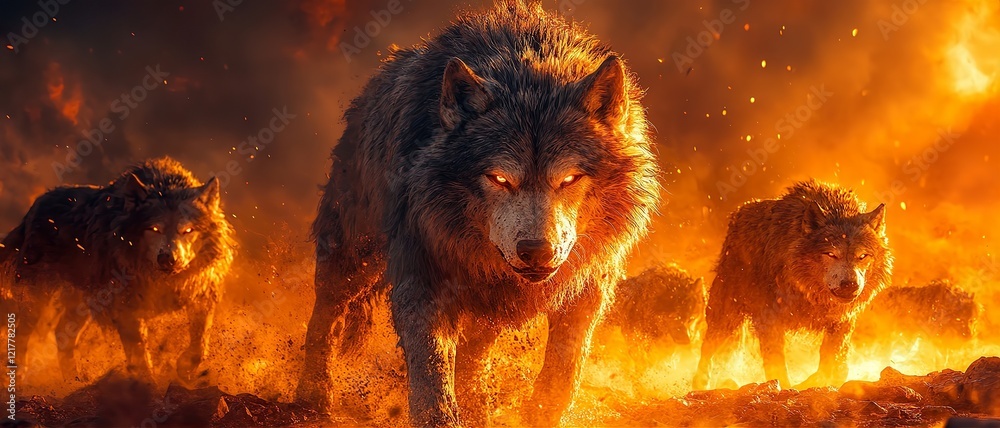 This is an illustration of a pack of hell wolves walking slowly ...