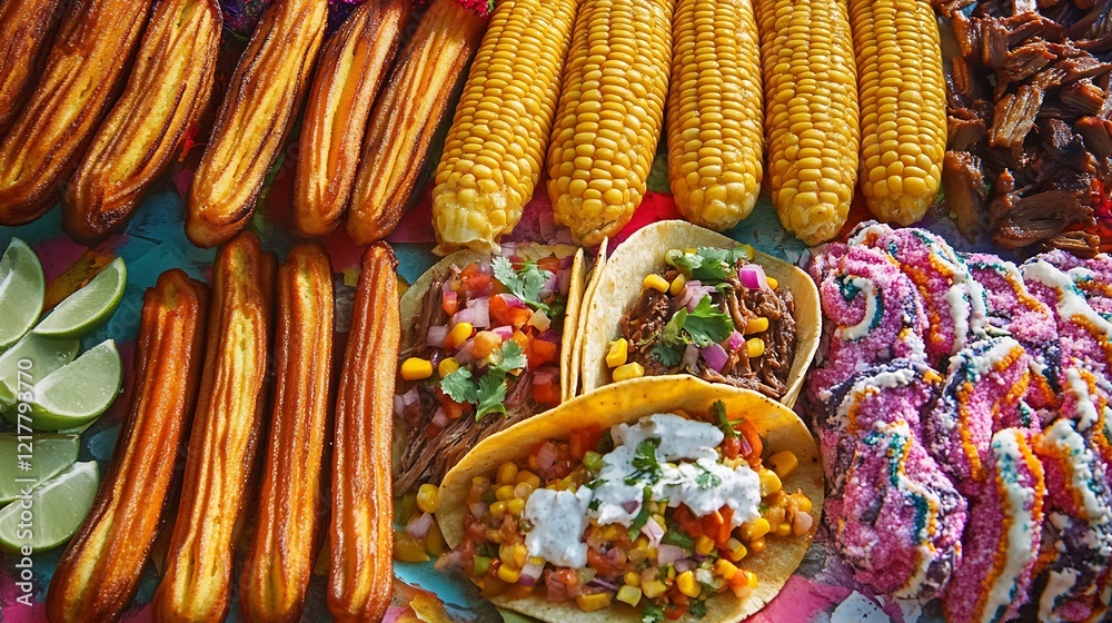 Colorful fiesta spread of Mexican street foods including tacos al ...