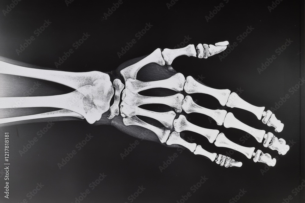 An X-ray image displaying the detailed structure of a human hand ...