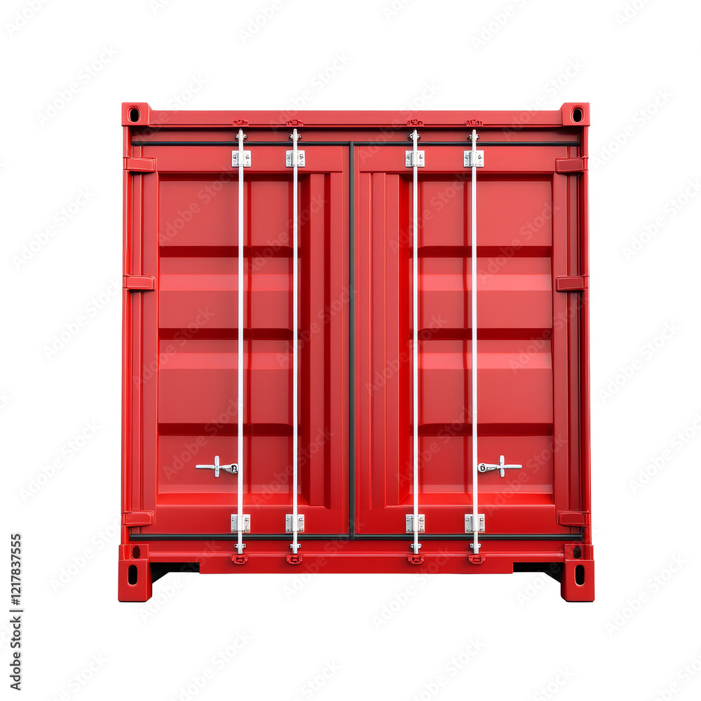 The red cargo container features dual doors secured with metal clasps ...