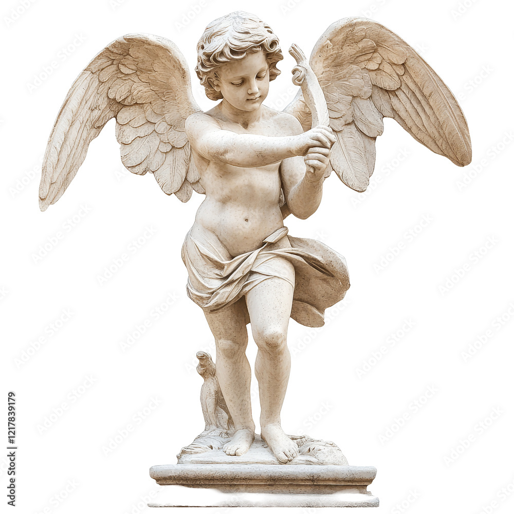 Cupid statue in a classic posture holding a bow, isolated on a ...