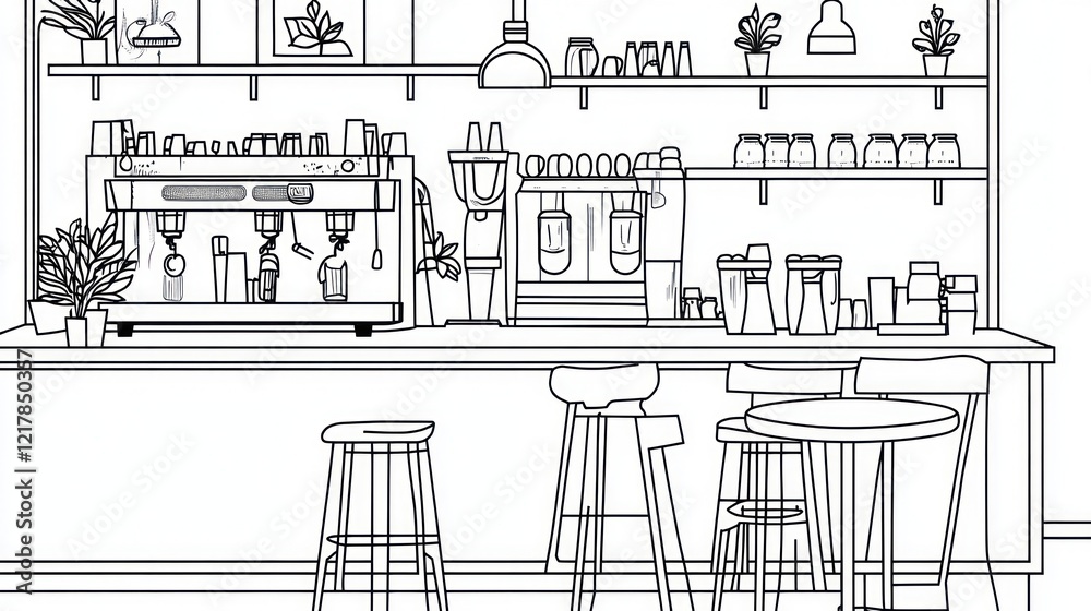 Stock-Illustration „Line drawing of a coffee shop interior, bar counter ...