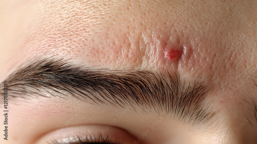 Observing the forehead of a young man reveals subtle skin textures and ...