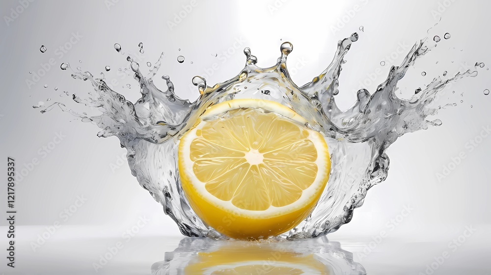 Realistic Lemon Explosion with Transparent Water on White Background ...
