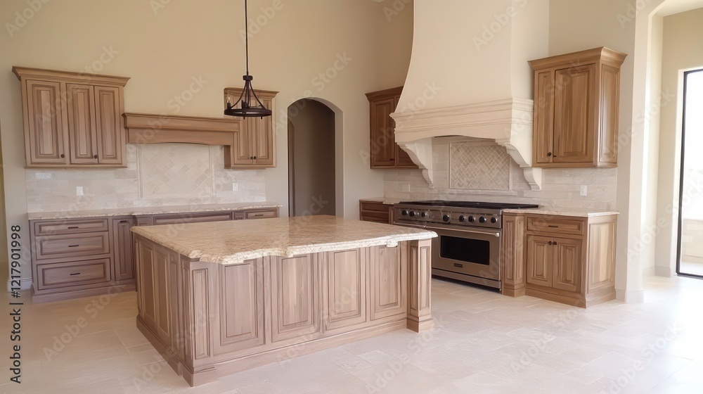 Traditional kitchen with white oak shaker cabinets, travertine ...