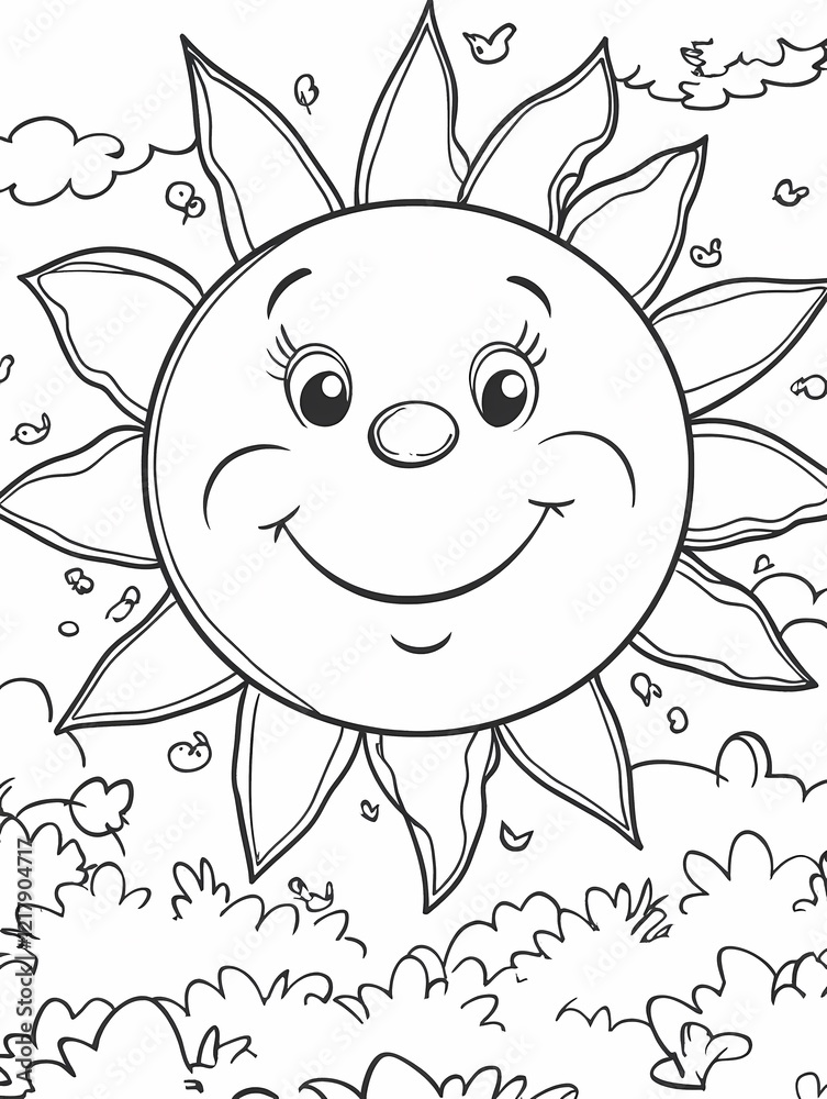 Smiling happy sun. Coloring book page outline for kids. Printable and ...