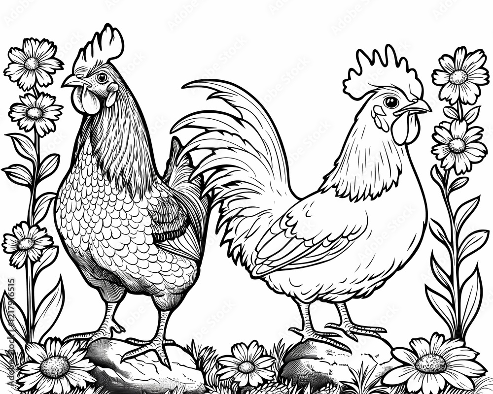 Two Roosters and flowers on a white background. Coloring book page ...