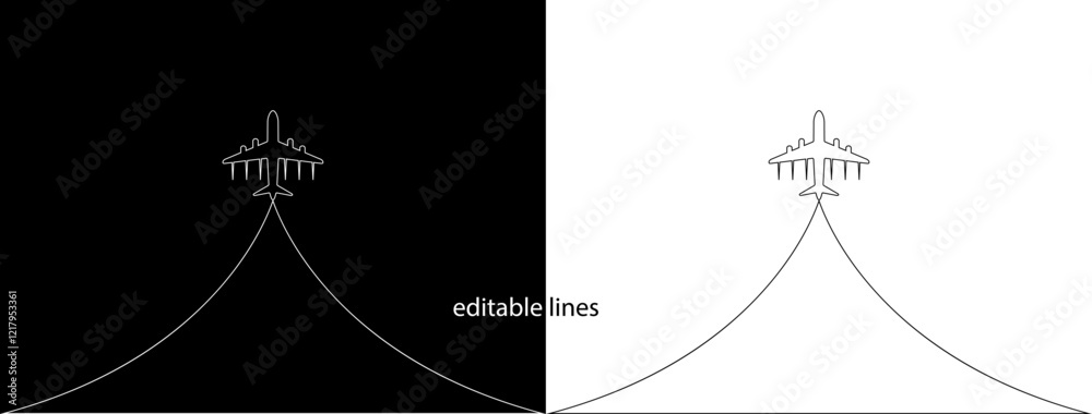 Airplane takeoff editable outline vector. Flight plane icon ...