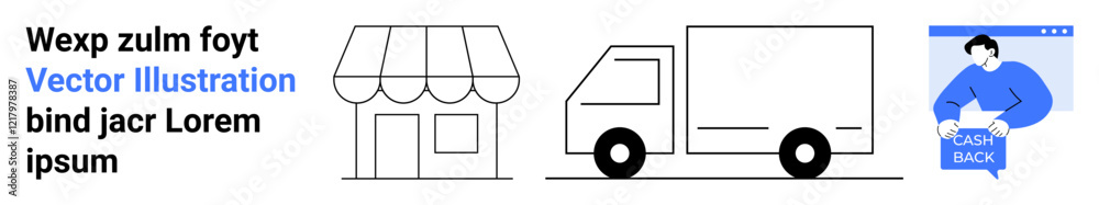 Storefront, delivery truck, customer refund process, and text elements ...