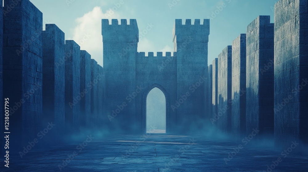 Misty castle gate, tall walls and towers. Ideal for fantasy, medieval ...