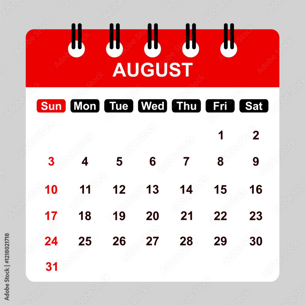 August 2025 Calendar Printable Monthly Planner Stock Vector | Adobe Stock