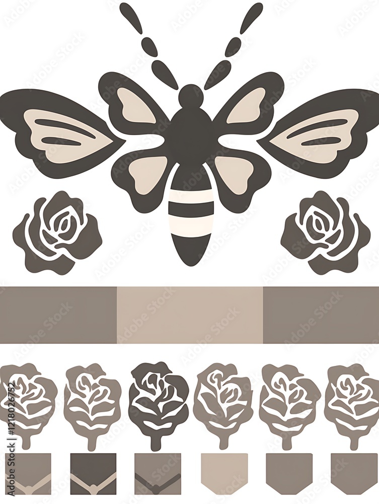 Stylized moth and roses design with color palette. Stock Illustration ...