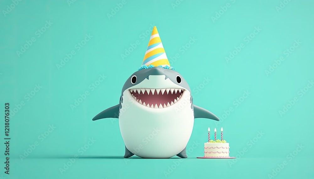 Cartoon shark character wearing a party hat celebrating a birthday with ...
