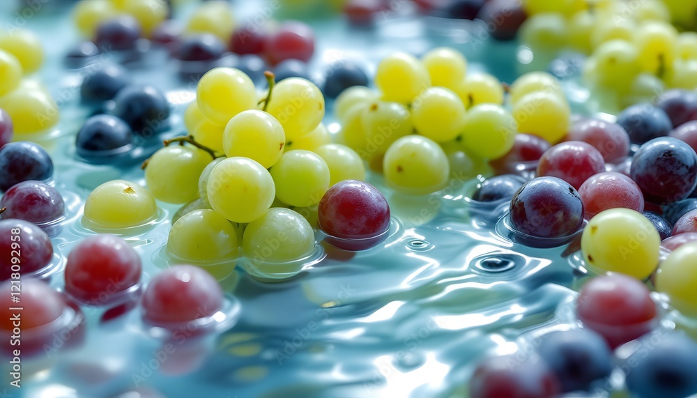 Ultra-realistic scene of grapes floating in clear water, with realistic ...