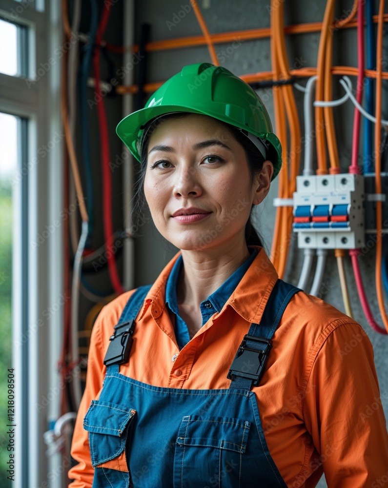 Asian middle aged female electrician smart home wiring project ...