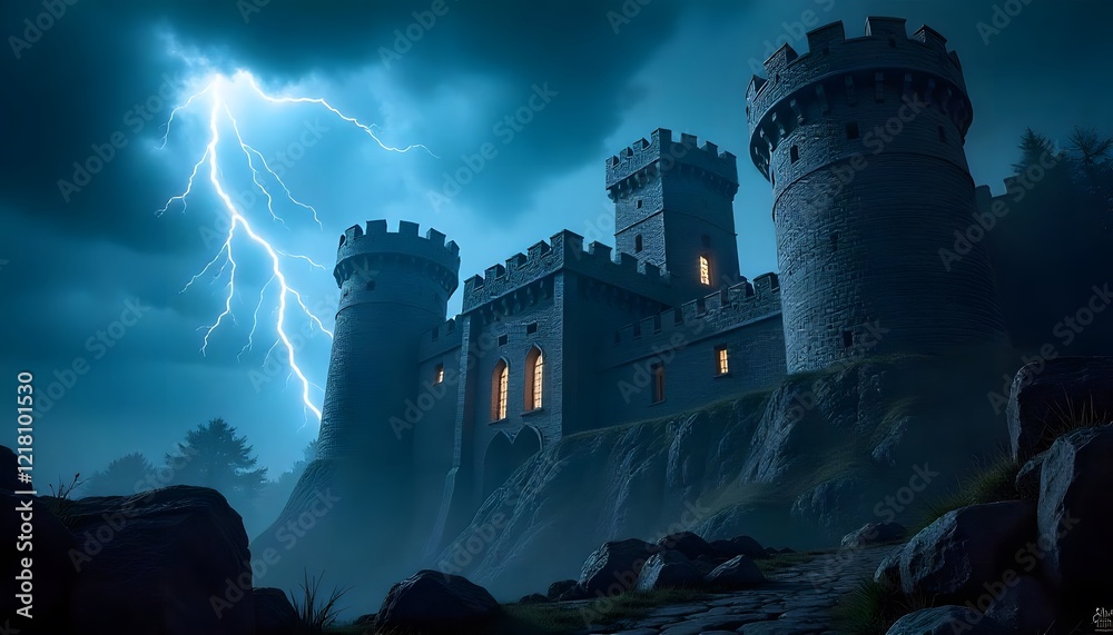 Hyper-realistic image of towering castle walls in the ruins, against a ...