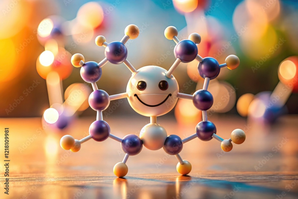 A diorama of a cheerful oxytocin molecule, depicted in a cute cartoon ...