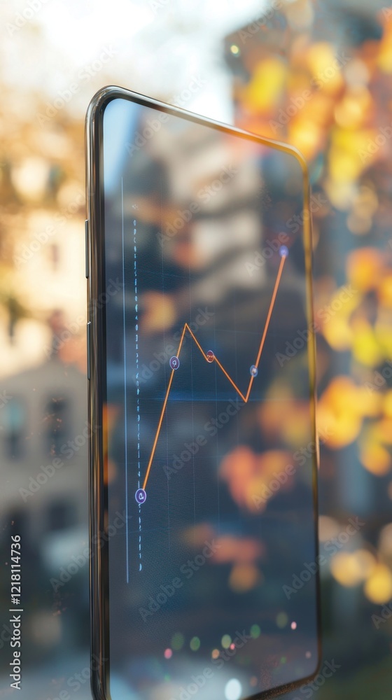 A single-line graph on a glass smartphone screen, with a focus on app ...