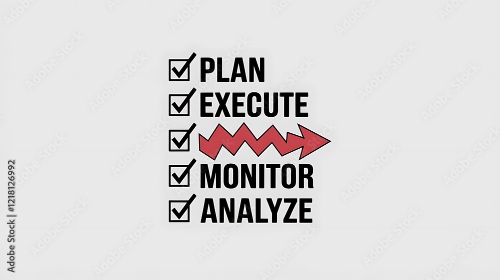 a broken arrow through a checklist, Plan, Execute, Monitor, and Analyze ...